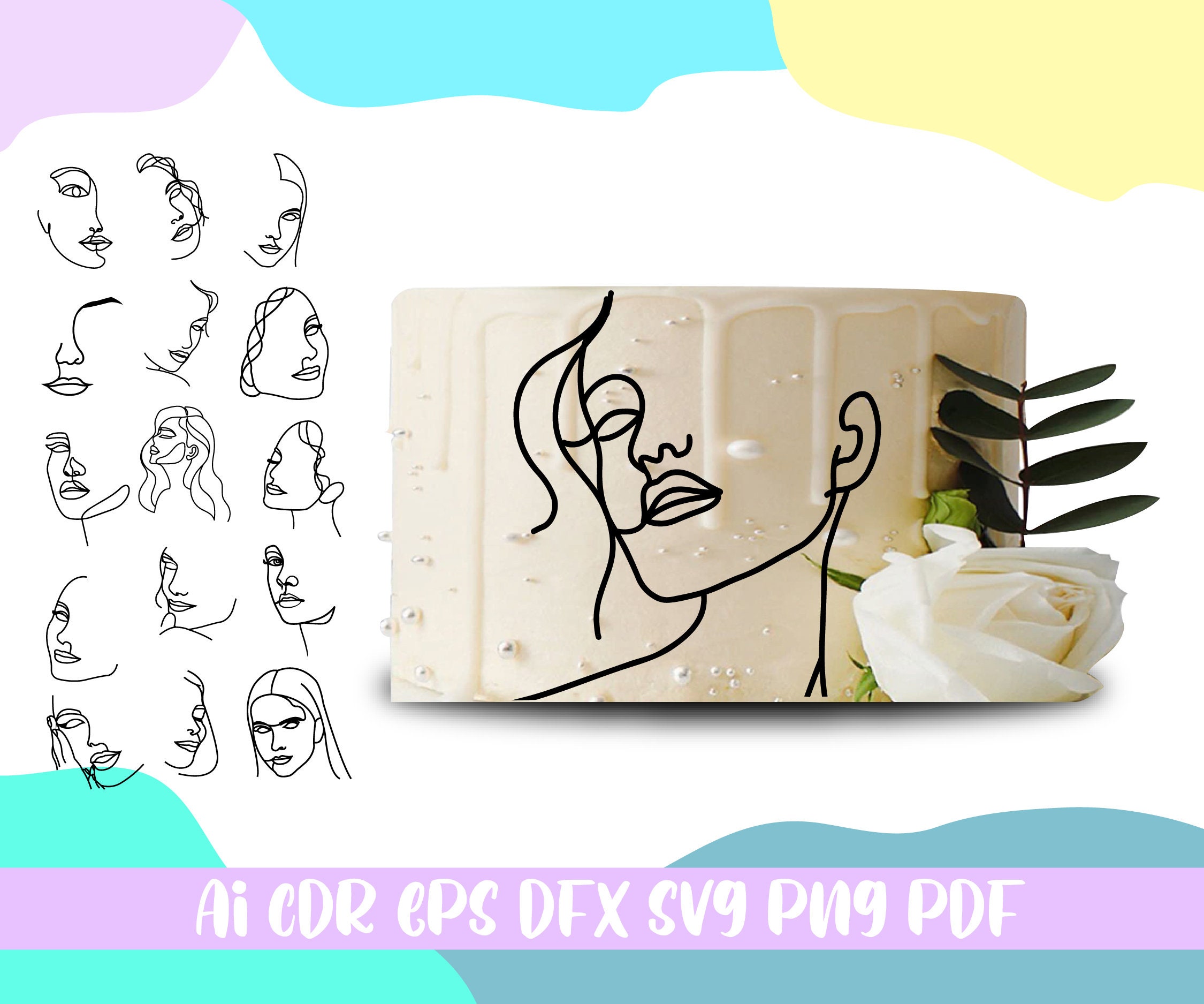 Line Art Woman Cake Topper Svgady Face One Linesilhouette - Etsy