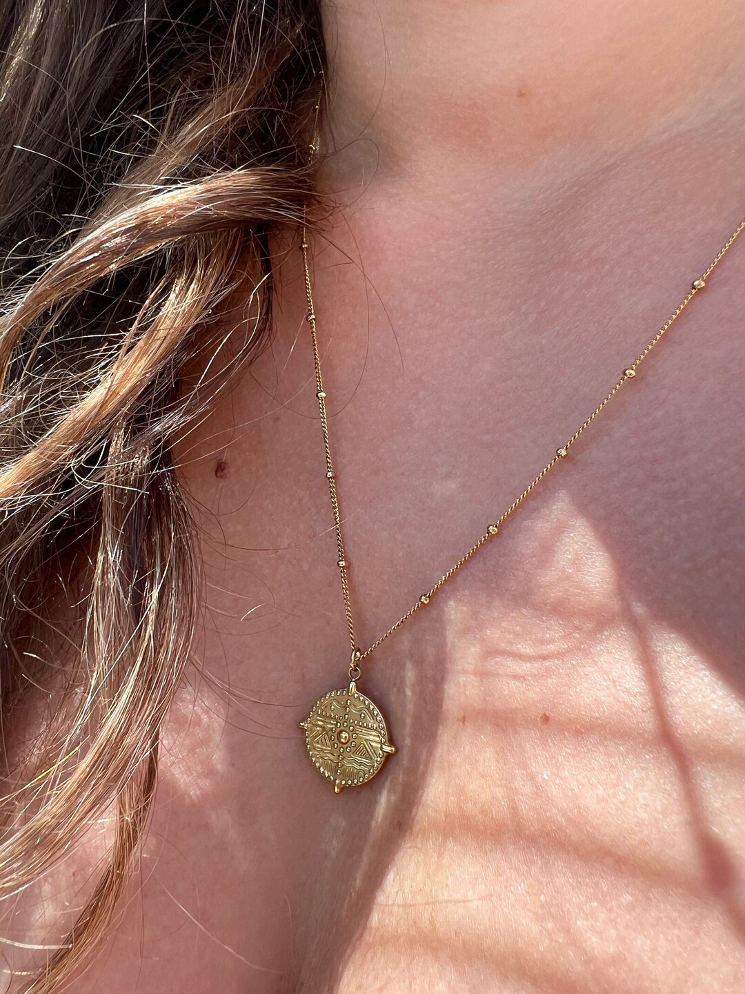 Gold Aztec Medallion Necklace, Tribal Gold Coin Pendant, Thin Dainty ...