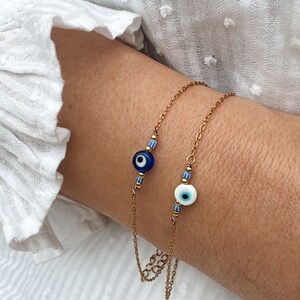Evil Eye Gold Bracelet, WHITE Greek Eye Gold Chain, Gold Dainty Lucky Bracelet, Minimalist ...