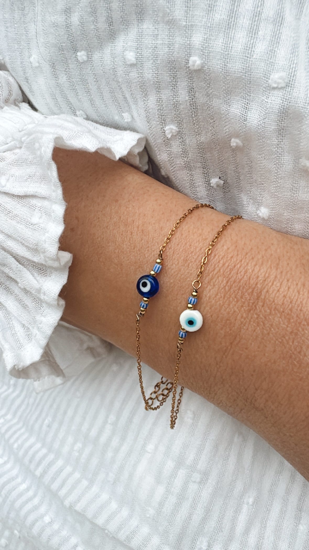 Evil Eye Gold Bracelet, WHITE Greek Eye Gold Chain, Gold Dainty Lucky Bracelet, Minimalist ...