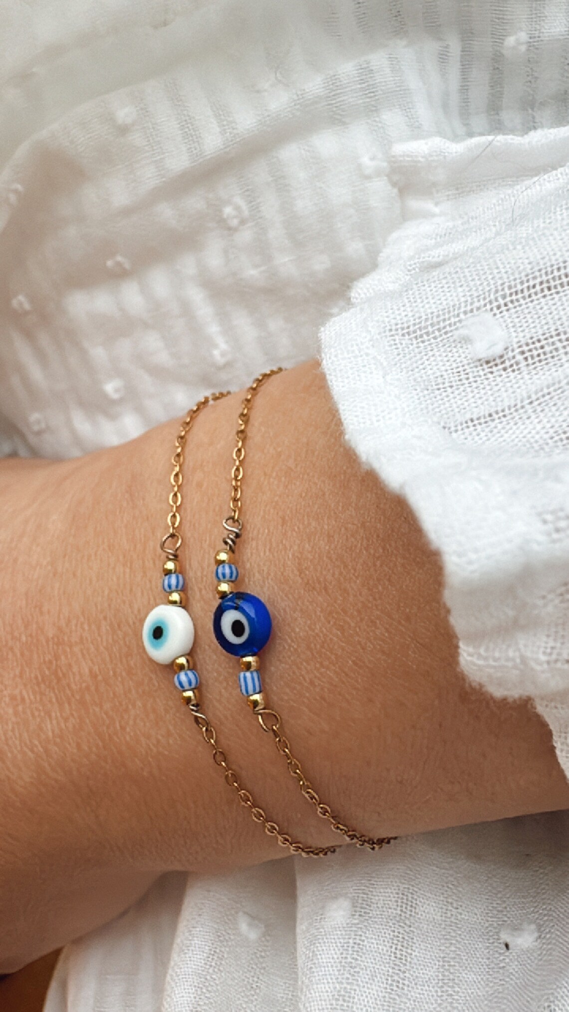 Evil Eye Gold Bracelet, WHITE Greek Eye Gold Chain, Gold Dainty Lucky Bracelet, Minimalist ...