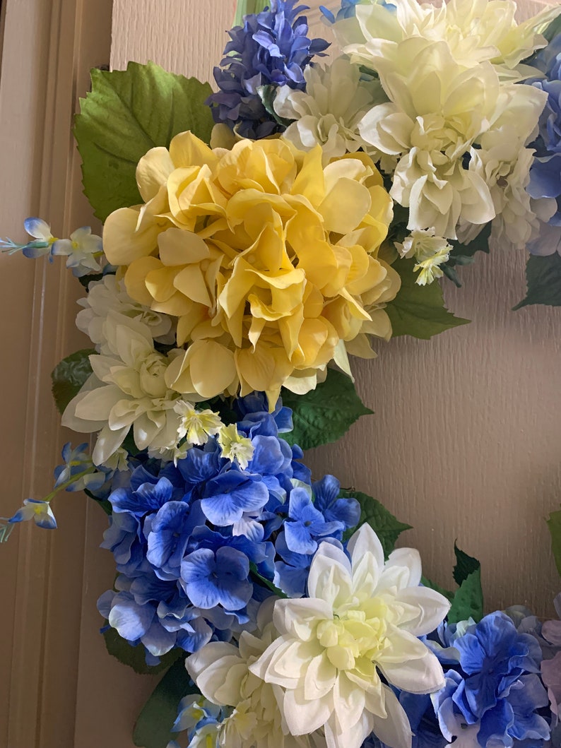 Summer Wreath Hydrangea Peonies Wreath Blue and Yellow Wreath - Etsy