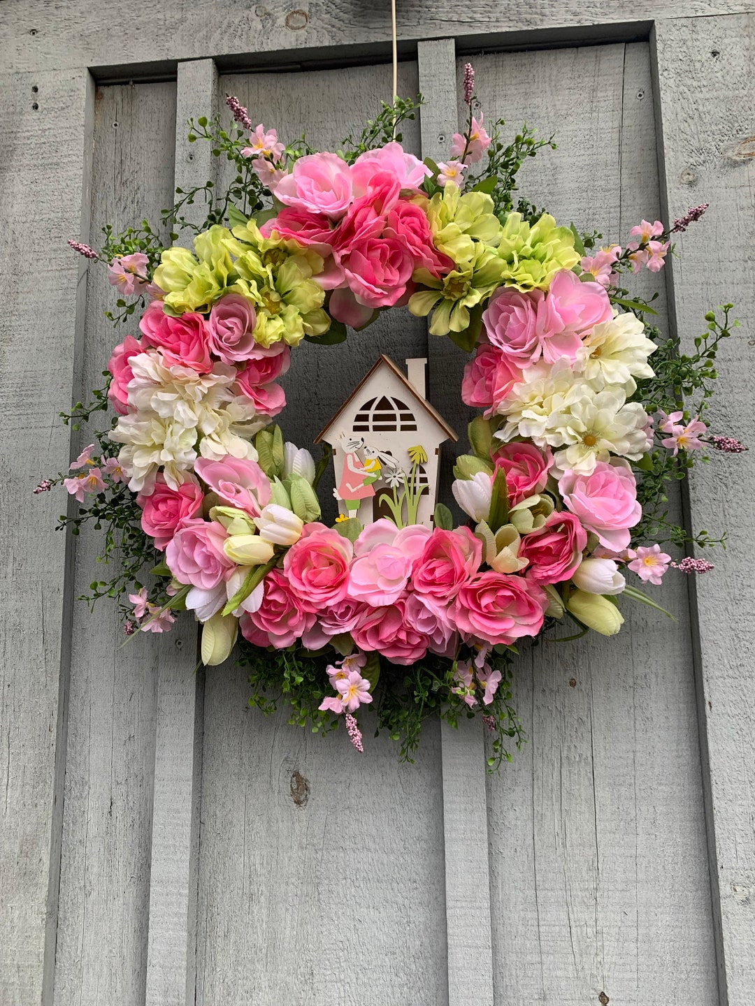 Spring Wreath Lighted Bird House Wreath Spring Wreath Front Door Wreath ...