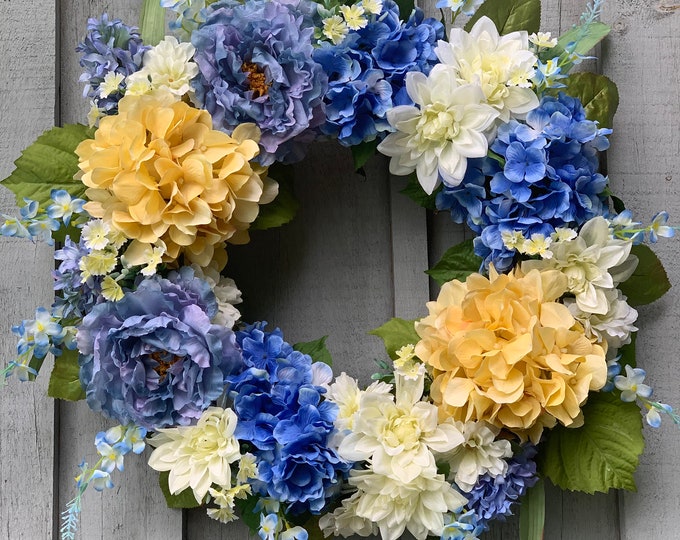 Summer Wreath Hydrangea Peonies Wreath Blue and Yellow Wreath Large ...
