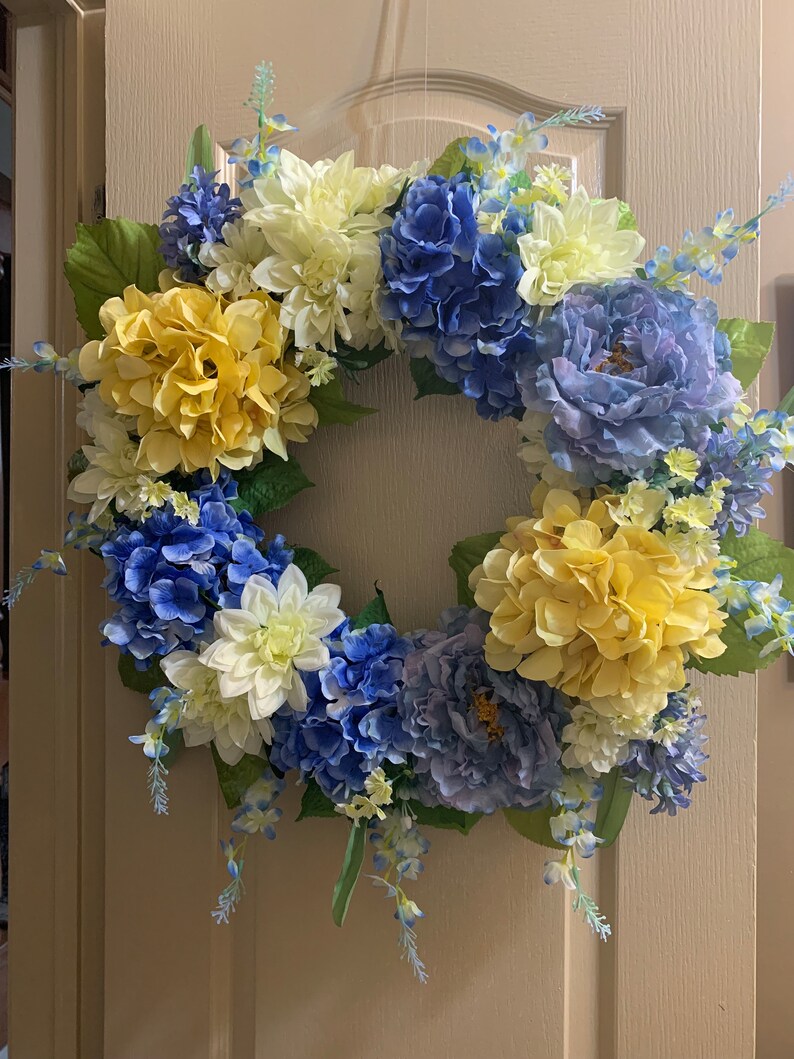 Summer Wreath Hydrangea Peonies Wreath Blue and Yellow Wreath - Etsy