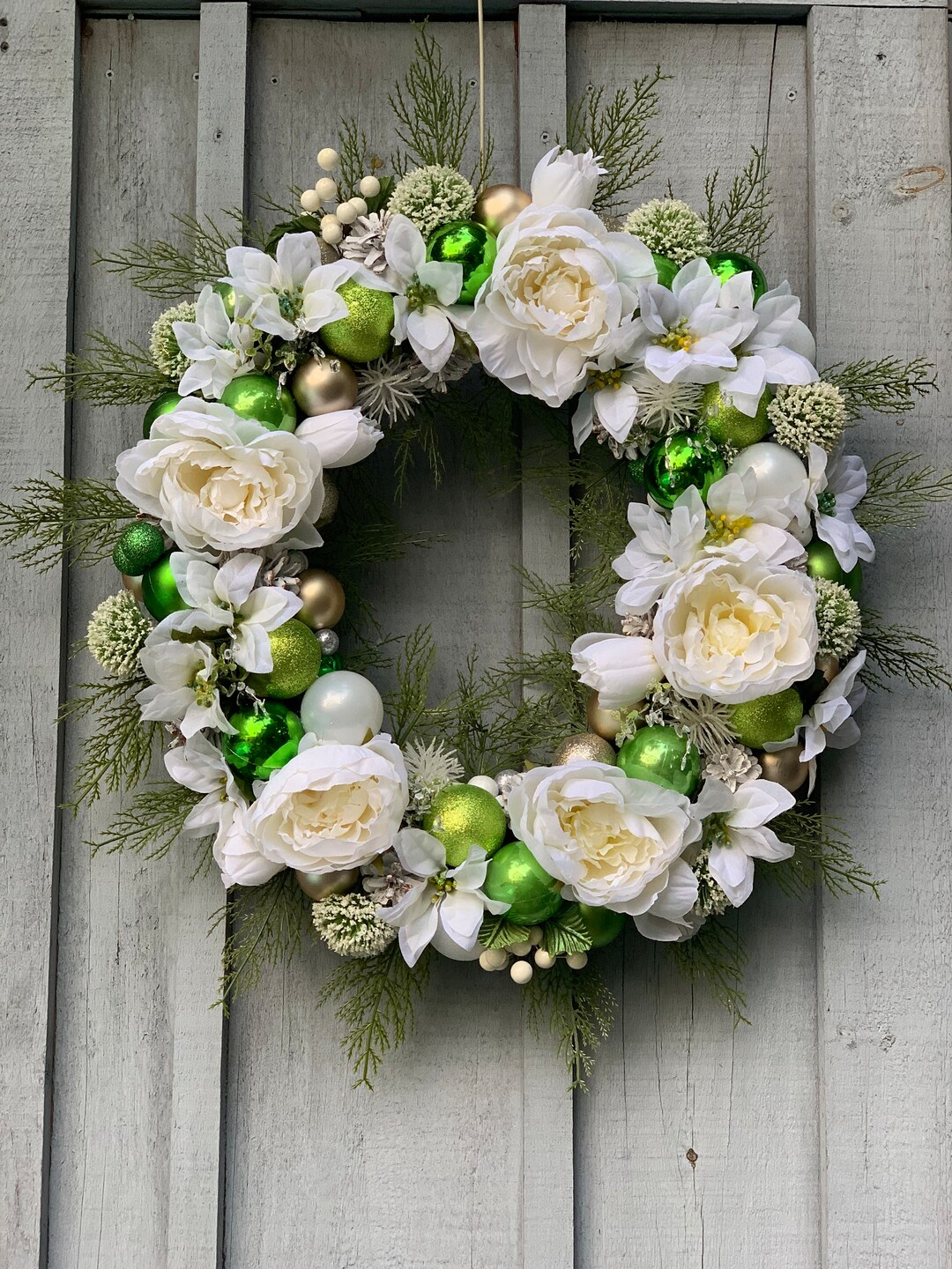 Christmas Classic Wreath Front Door Wreath Lighted Wreath White Peony ...
