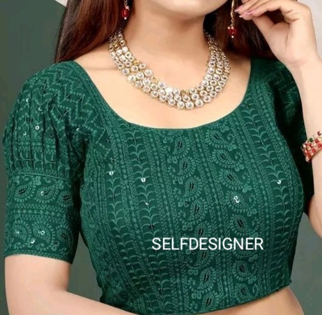 Designer Chikankari Back Open Saree Blouse Chicken Half Sleeves Blouse ...