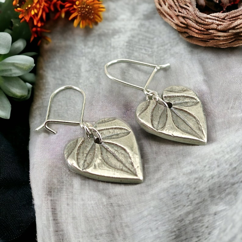 Silver Clay Heart Shaped Earrings With Leaf Print - Etsy UK