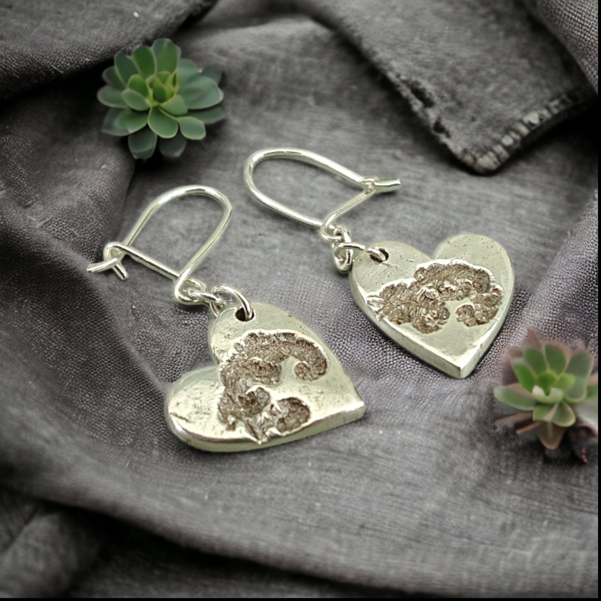 Silver Clay Heart Shaped Earrings With Leaf Print - Etsy UK