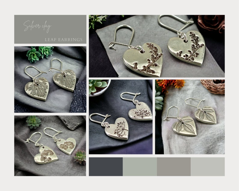 Silver Clay Heart Shaped Earrings With Leaf Print - Etsy UK