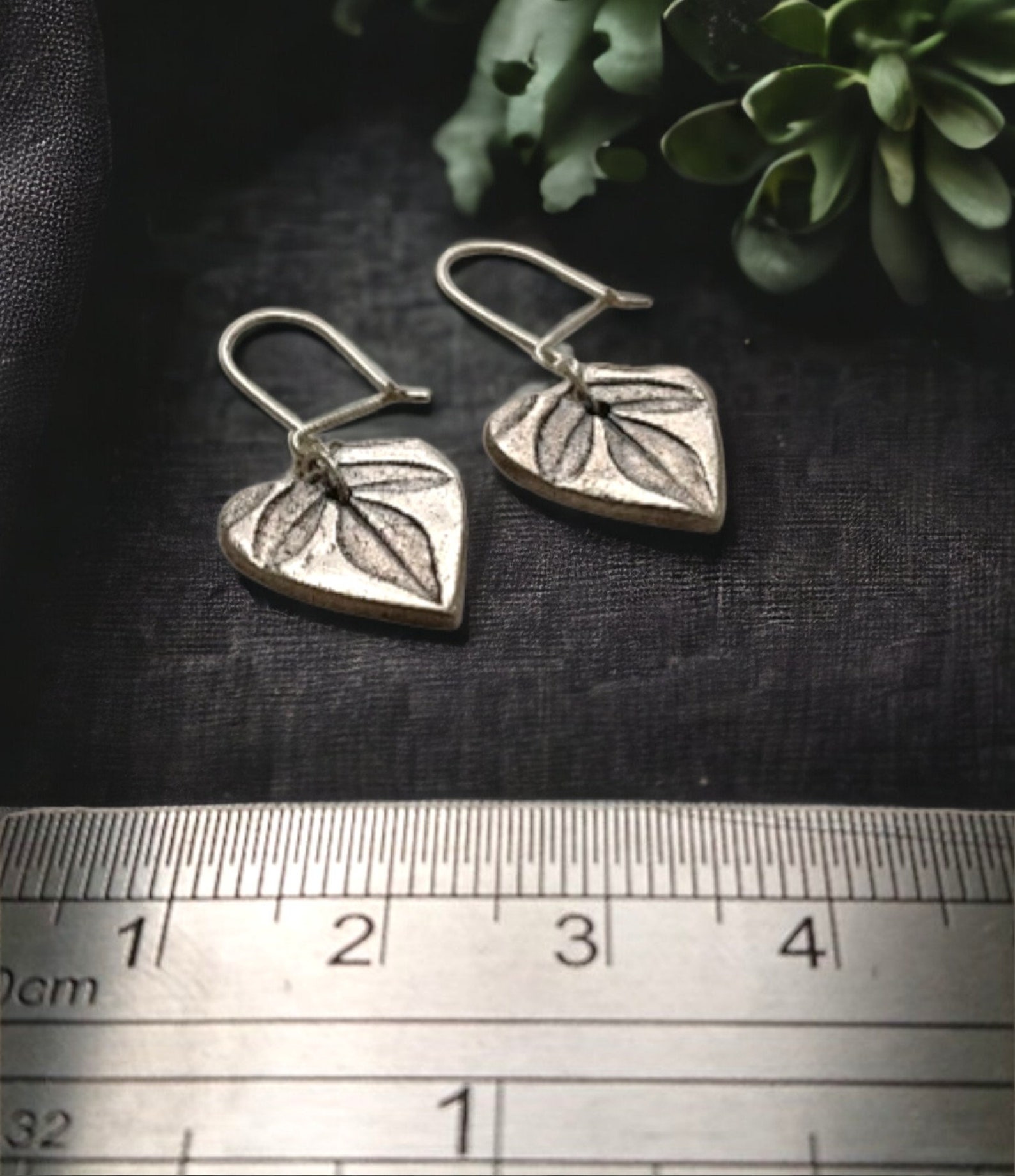 Silver Clay Heart Shaped Earrings With Leaf Print - Etsy UK