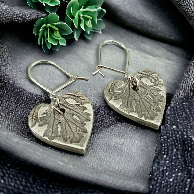 Silver Clay Heart Shaped Earrings With Leaf Print - Etsy UK