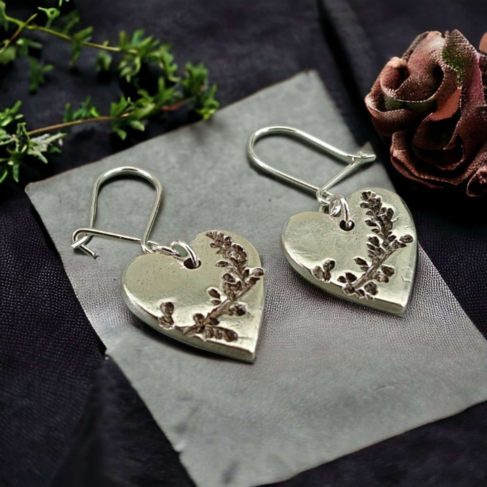 Silver Clay Heart Shaped Earrings With Leaf Print - Etsy UK