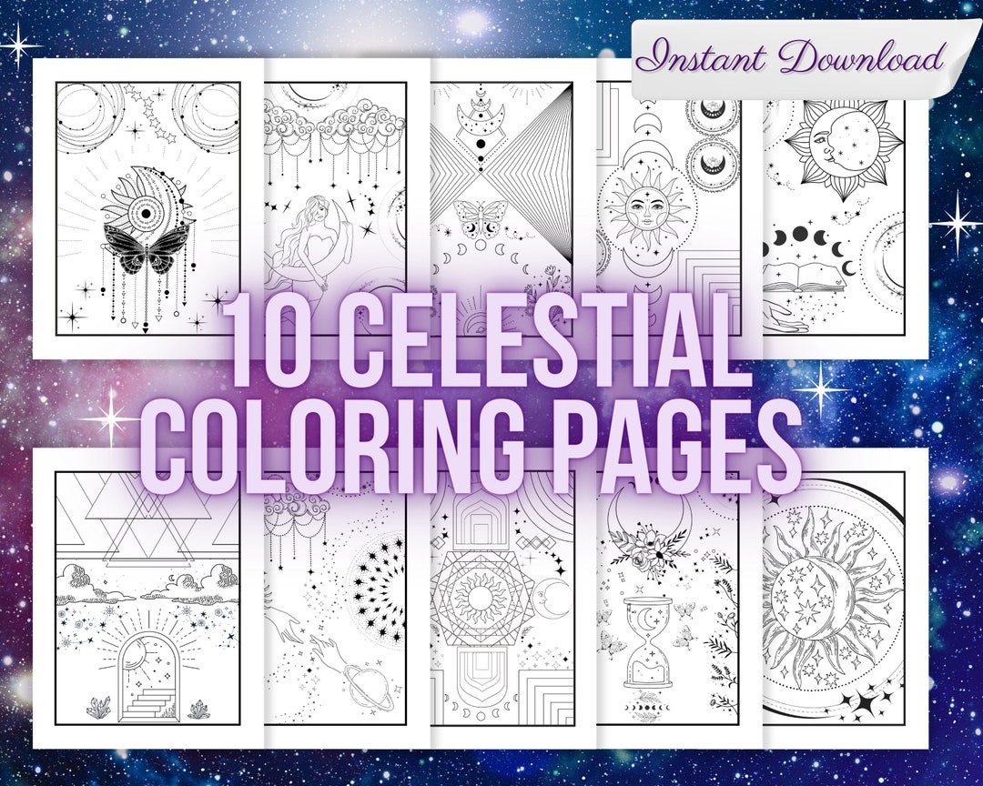 Celestial Coloring Pages Digital Download Moon Phases Sun Stars ...