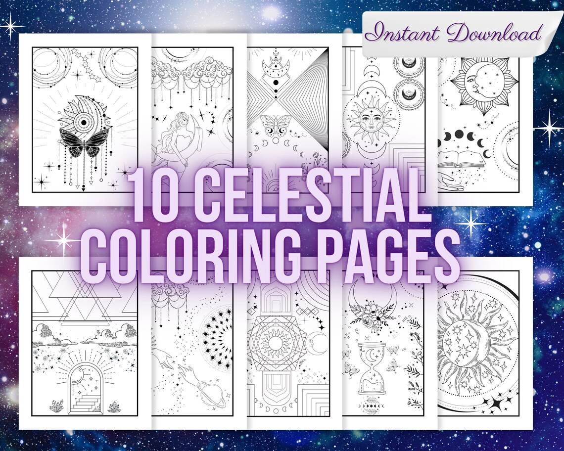 Celestial Coloring Pages Digital Download Moon Phases Sun | Etsy