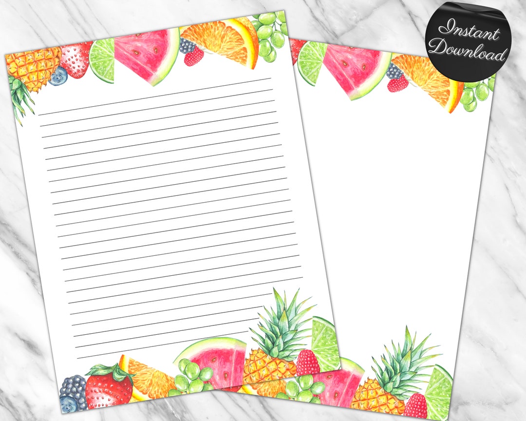 Colorful Summer Fruit Printable Stationary Paper, Tropical Fruit ...