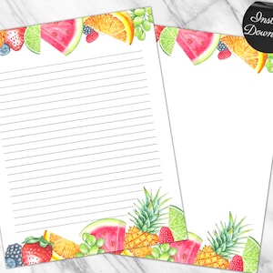 Colorful Summer Fruit Printable Stationary Paper, Tropical Fruit ...
