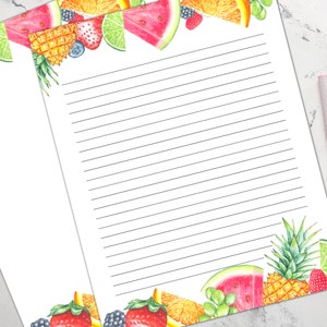 Colorful Summer Fruit Printable Stationary Paper, Tropical Fruit ...