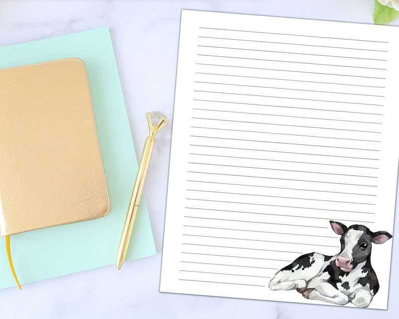 Sitting Cow Printable Stationary Paper, Watercolor Cow Lined and ...
