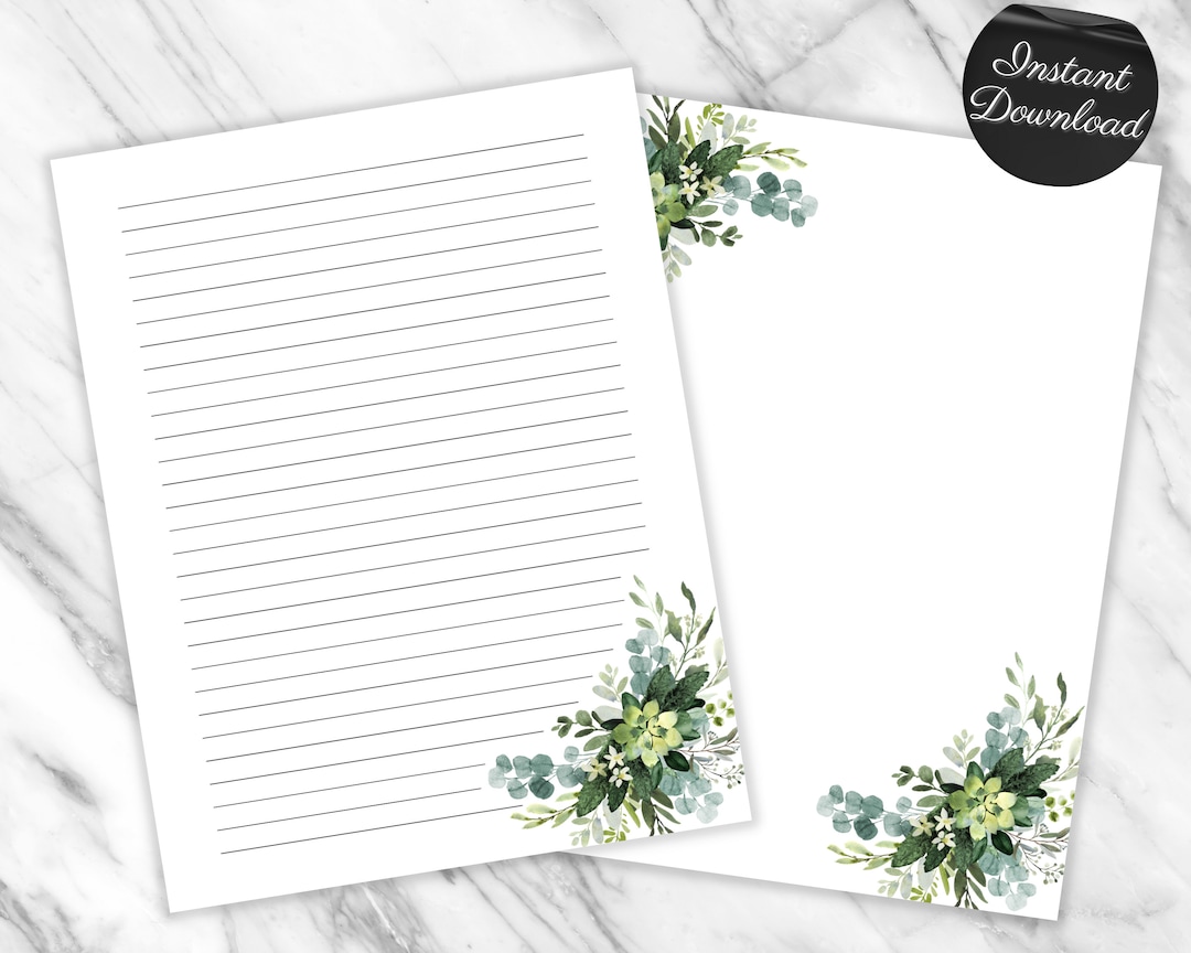 Spring Greenery Printable Stationary Paper, Watercolor Green Floral ...
