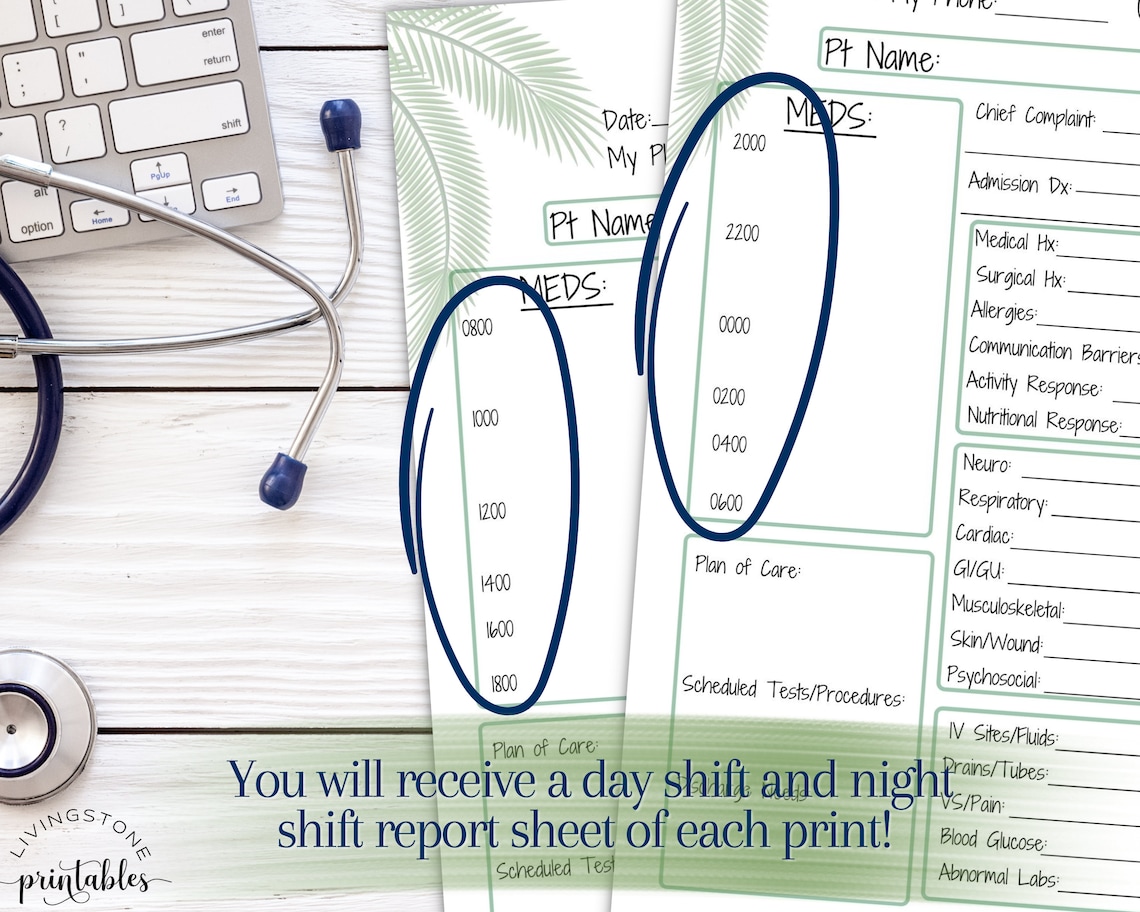 Set of Nursing Bedside Shift Report Sheets Day and Night Shift - Etsy
