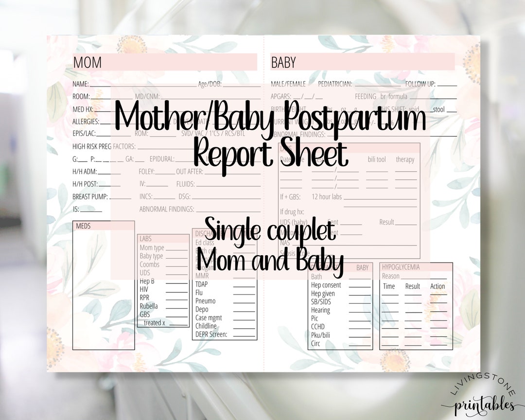 Mother Baby Nursing Report Sheet, Printable Couplet Mom Baby Postpartum ...