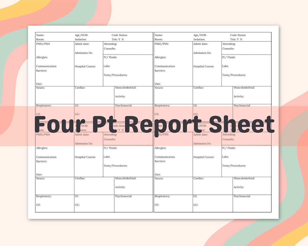 Four Patient per Sheet Med Surg Nursing Report Sheet, SBAR Handoff ...
