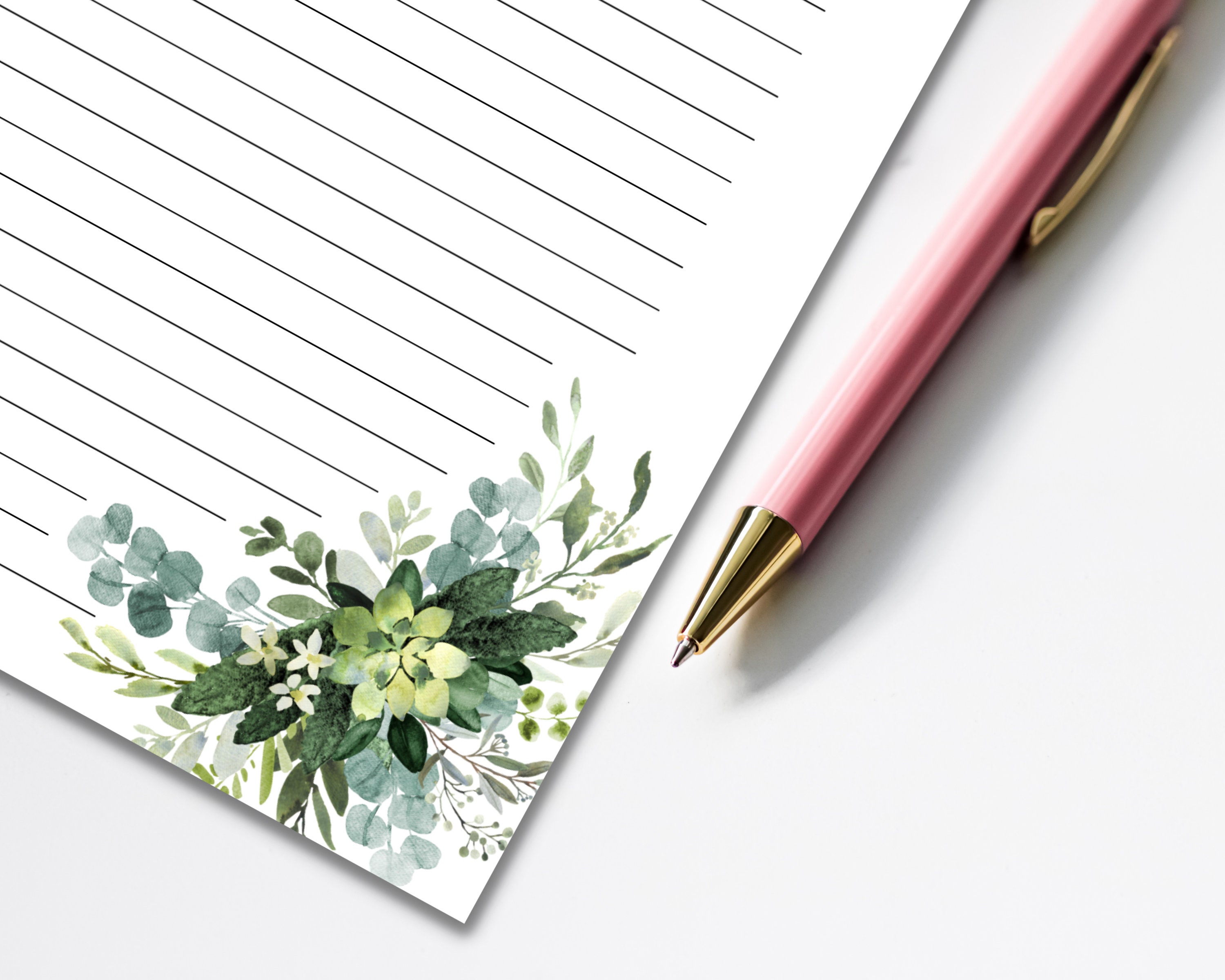 Spring Greenery Printable Stationary Paper, Watercolor Green Floral ...
