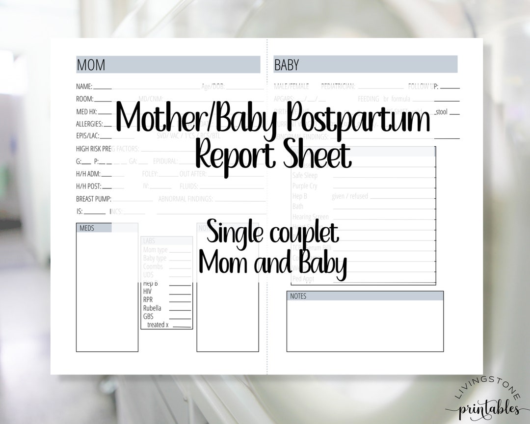 Plain Mother Baby Report Sheet for Postpartum Nurses, Couplet Care Mom ...