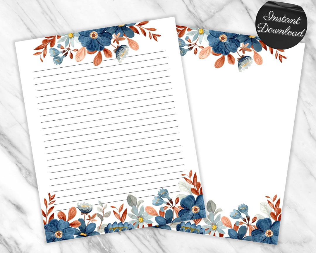 Blue Watercolor Flower and Copper Leaf Printable Stationary Paper ...