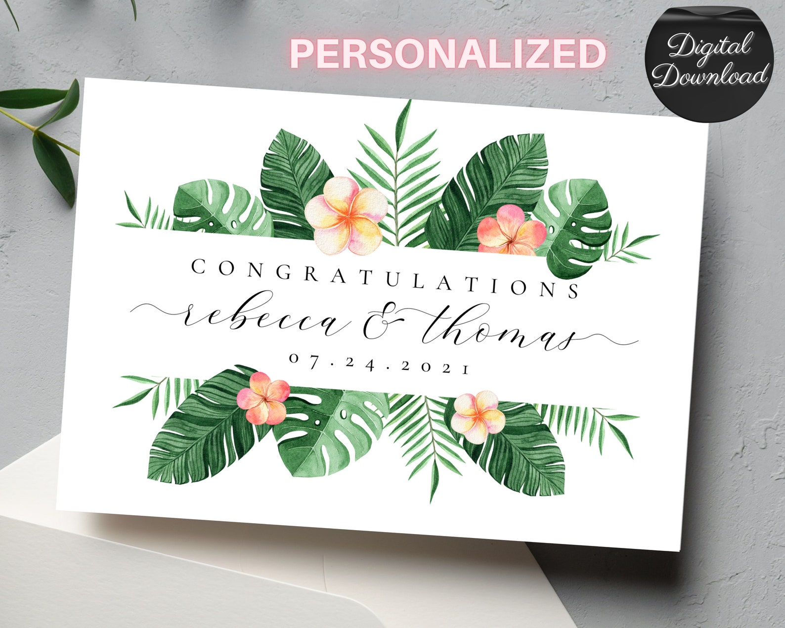 Printable Tropical Flower Wedding Card, Personalized Congratulations on ...