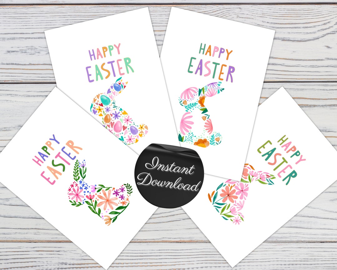 Set of Four Printable Bunny Happy Easter Cards, Colorful Rabbit Easter ...