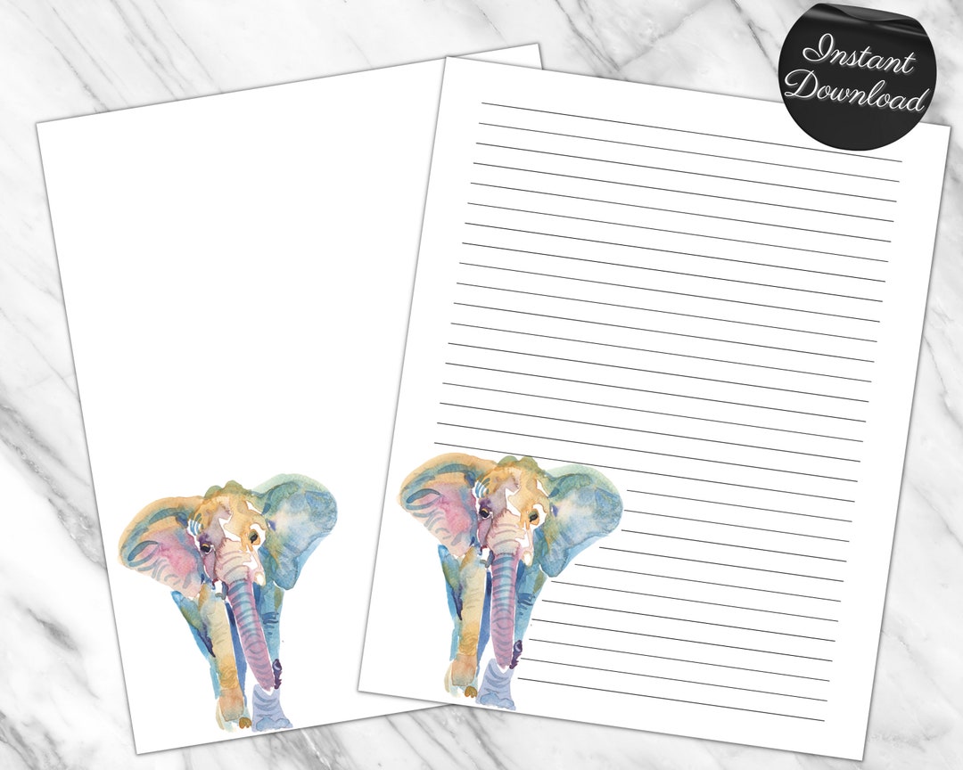 Colorful Elephant Printable Stationary Paper Watercolor Elephant Lined ...