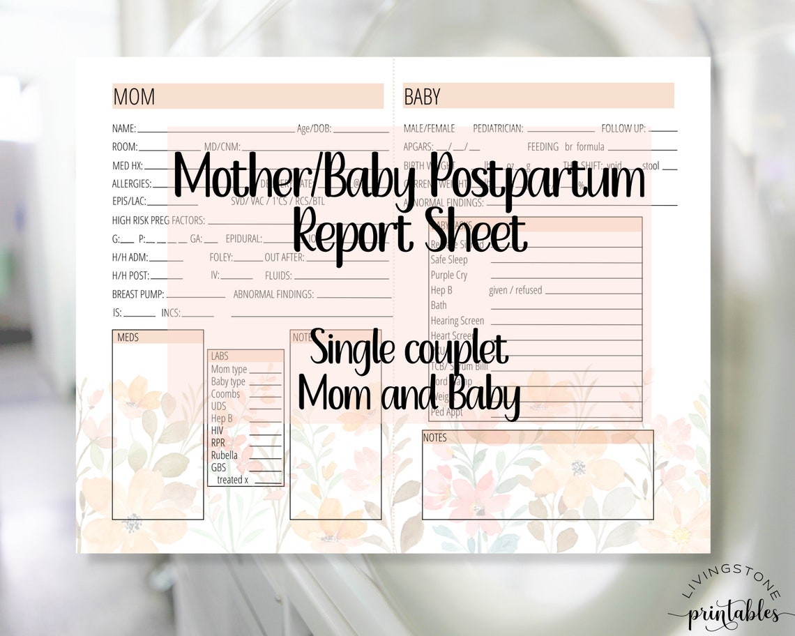 Postpartum Nursing Report Sheet Printable Mom Baby Couplet - Etsy