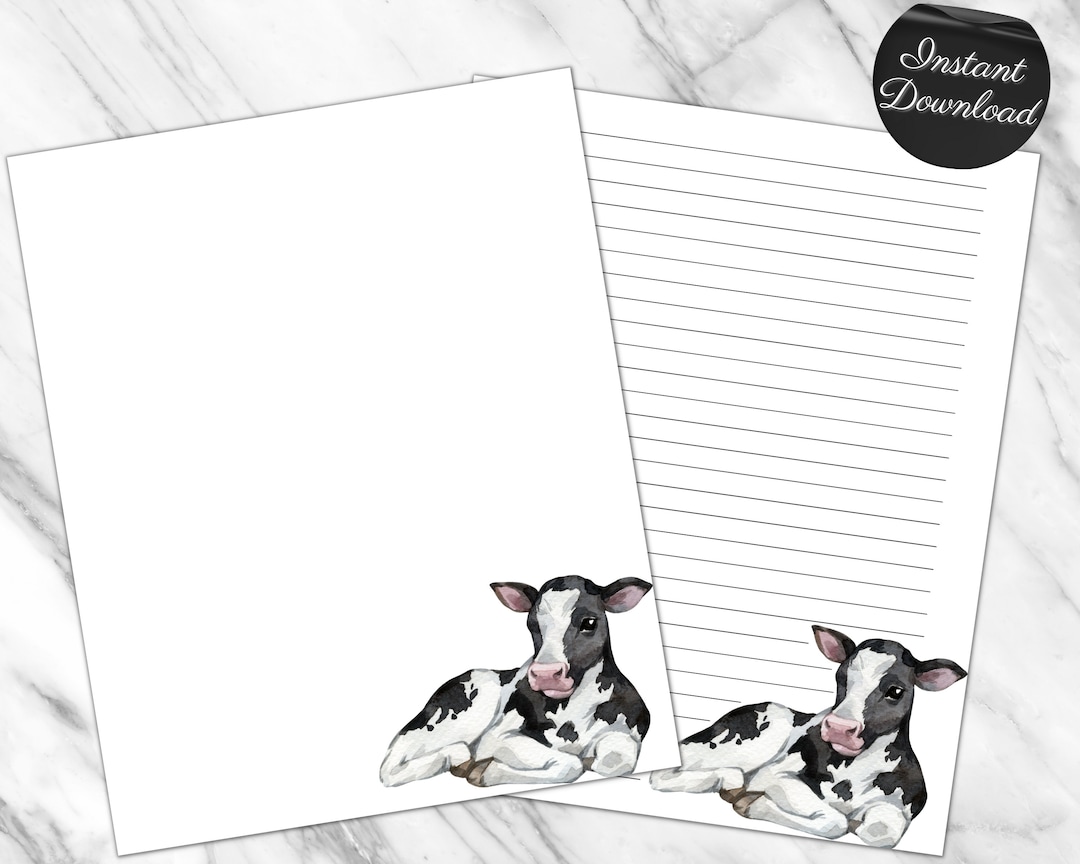 Sitting Cow Printable Stationary Paper, Watercolor Cow Lined and ...