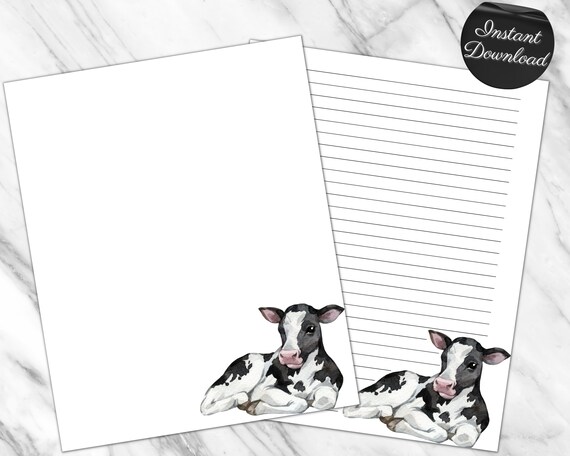Sitting Cow Printable Stationary Paper Watercolor Cow Lined | Etsy