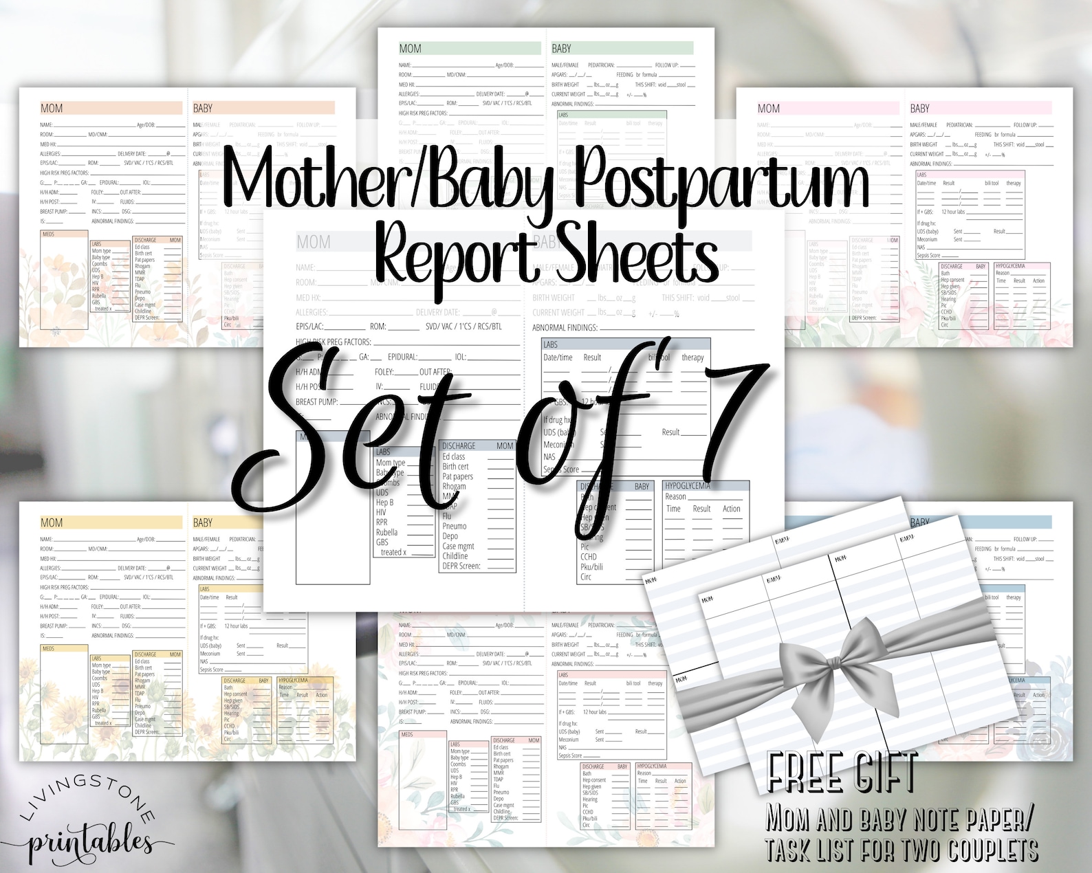Set of Mother Baby Postpartum Nursing Report Sheets, Hand off Shift ...