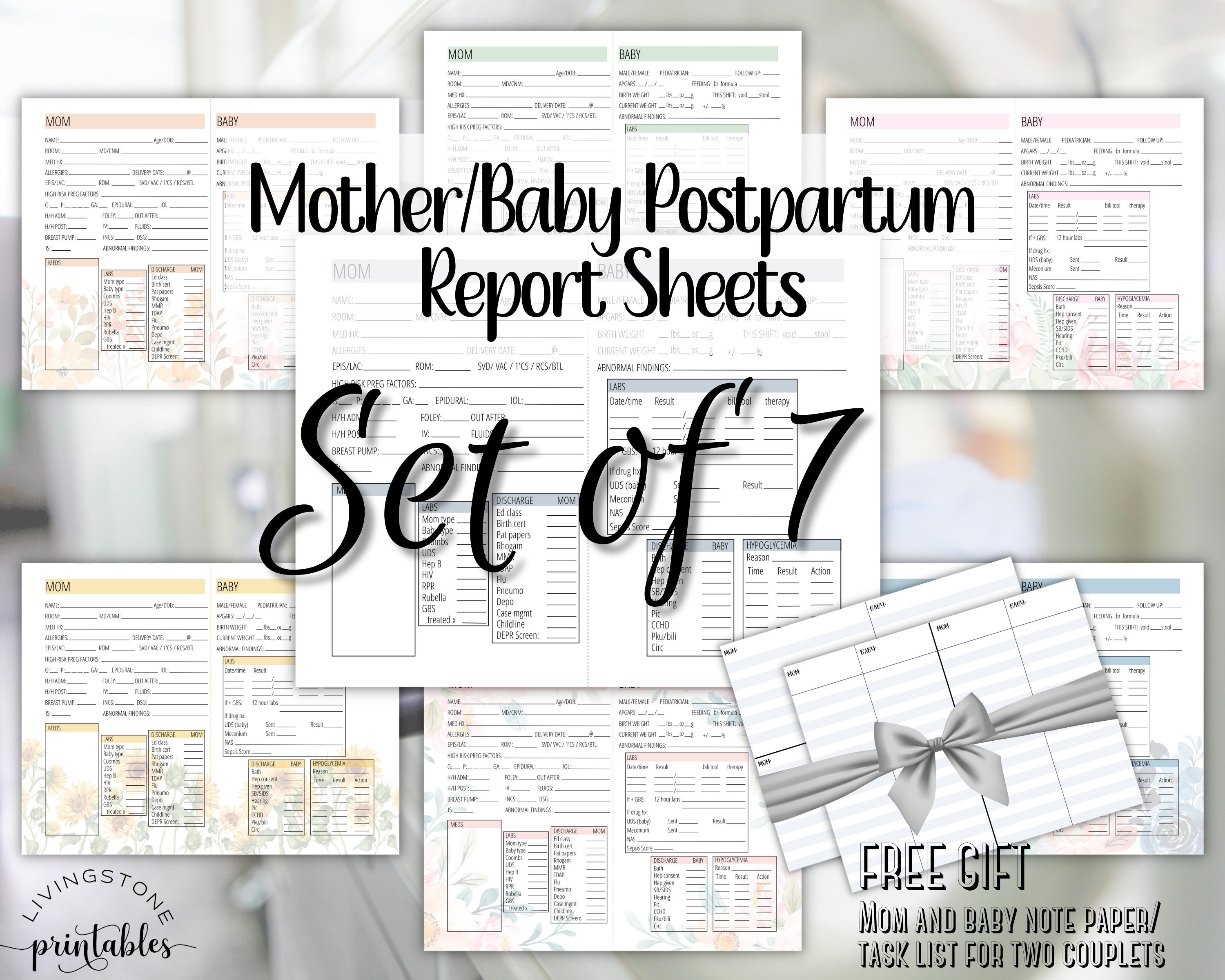Set of Mother Baby Postpartum Nursing Report Sheets, Hand off Shift ...