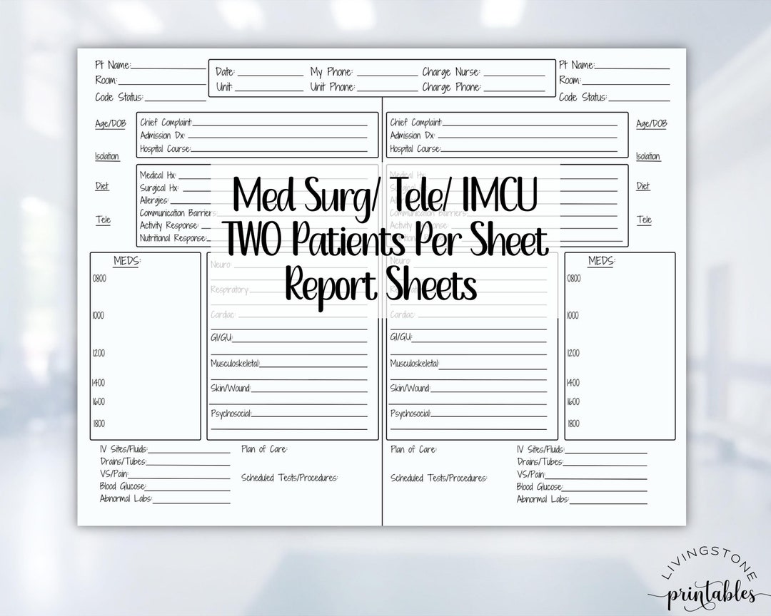 Two Patient Nursing Report Sheet, Med Surg Tele RN LPN Bedside Shift ...