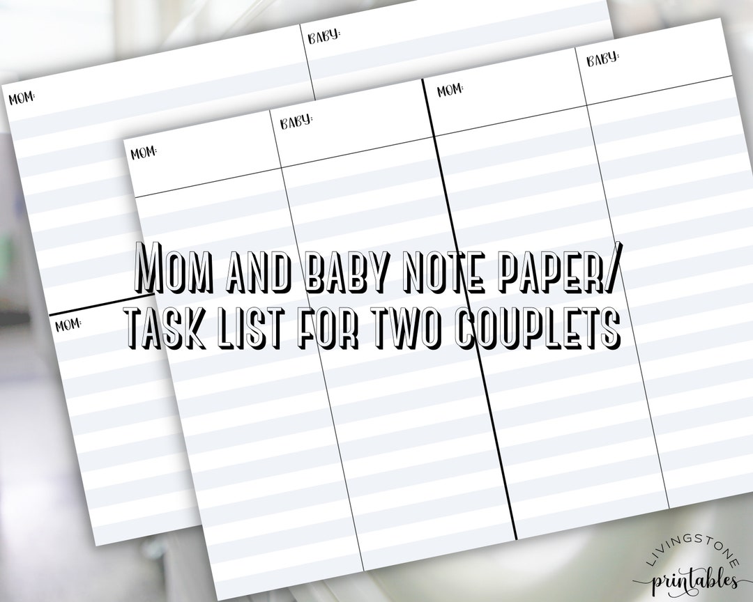 Mom and Baby Notepaper Task List for Mother Baby Nurses and Techs, Two ...
