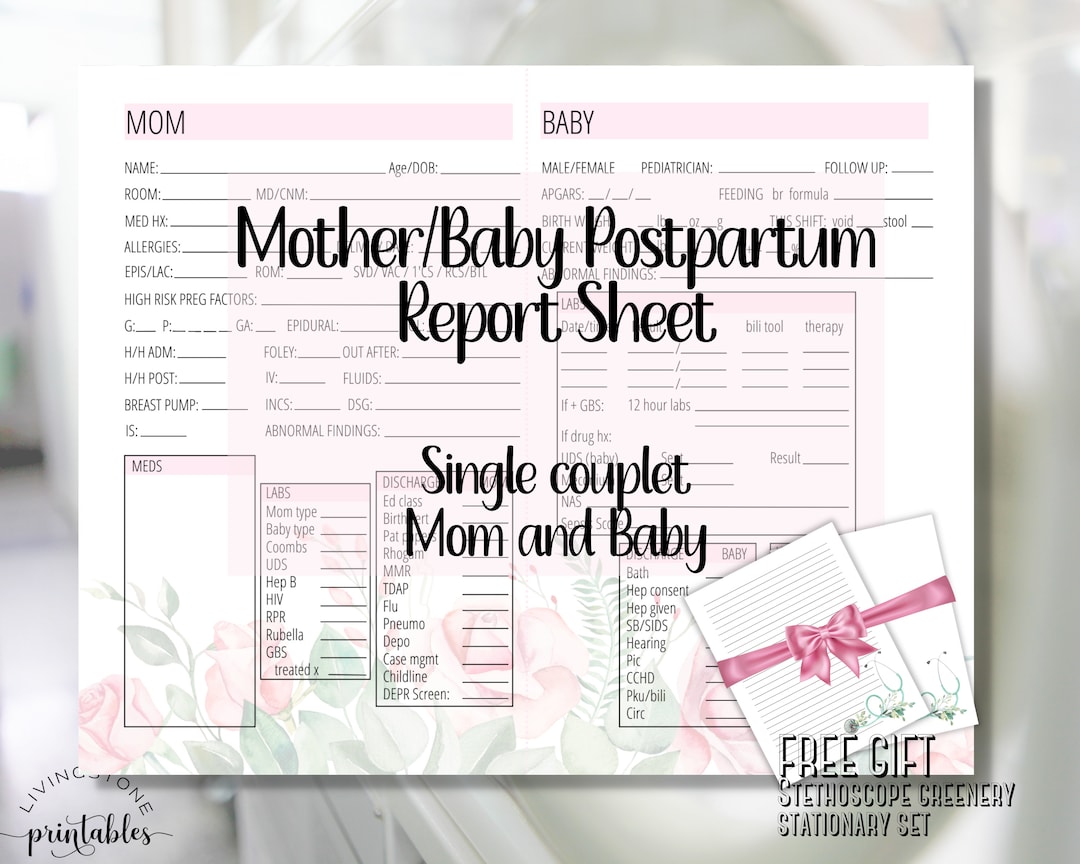 Couplet Care Postpartum Nurse Report Sheet, Printable PDF Mother Baby ...