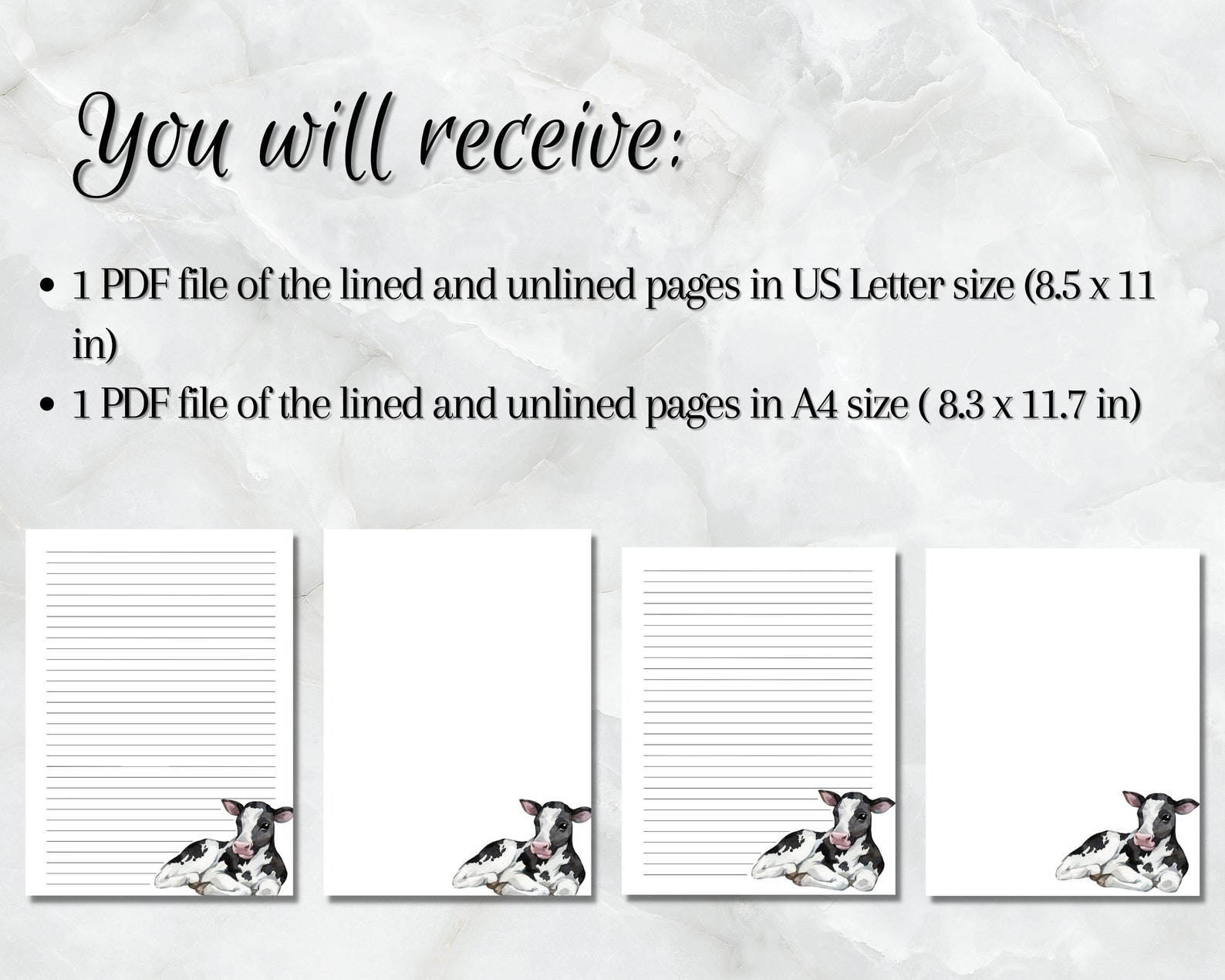 Sitting Cow Printable Stationary Paper, Watercolor Cow Lined and ...