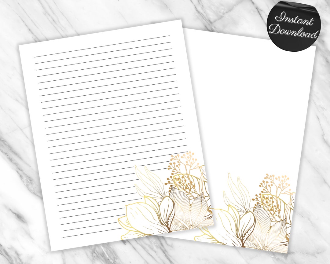 Gold and White Floral Printable Stationary Paper, Aesthetic Lined ...