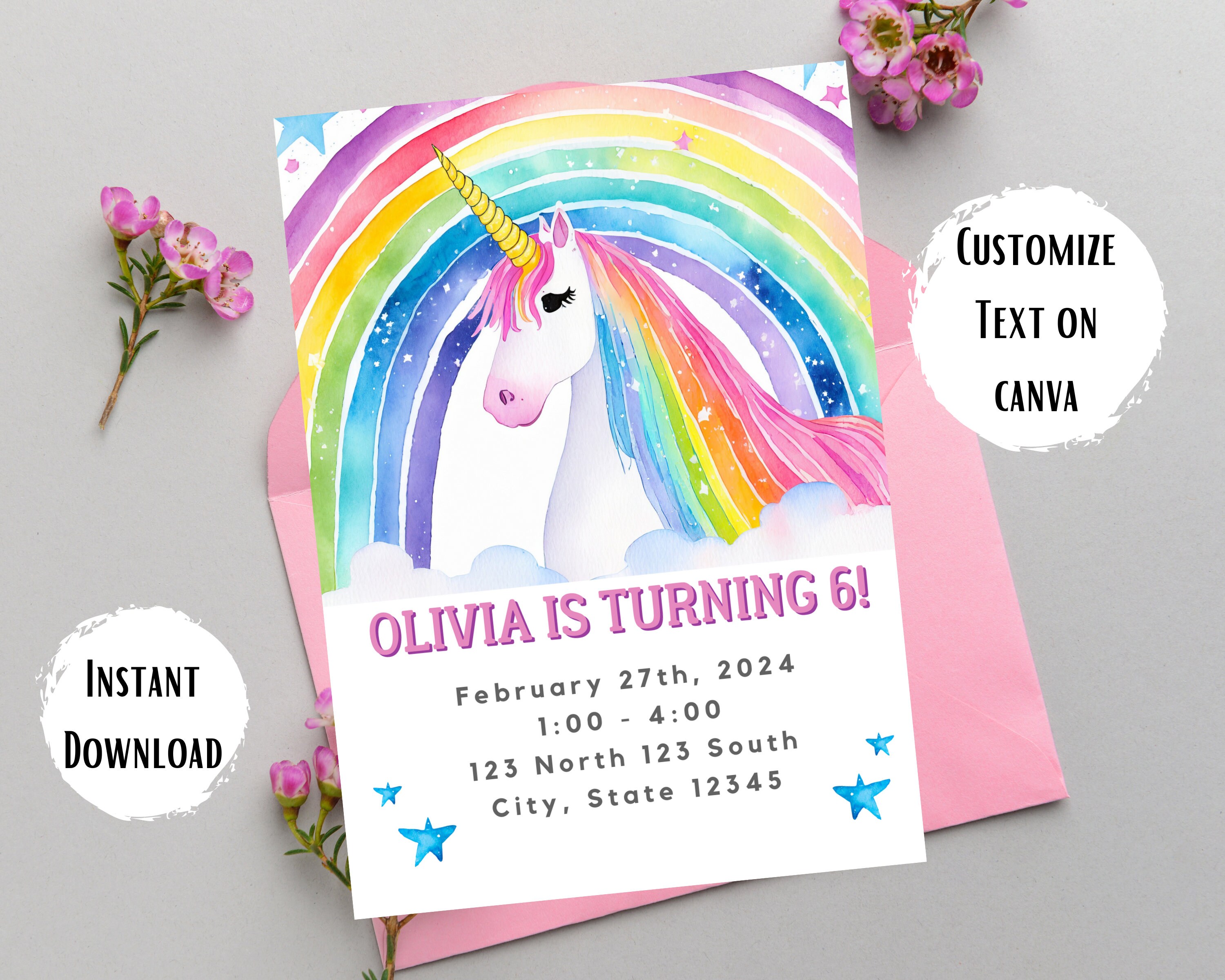 Rainbow Unicorn Invitation Template - Etsy