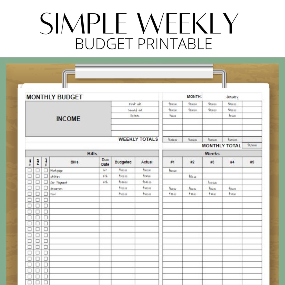 Simple Weekly Budget Printable - Etsy