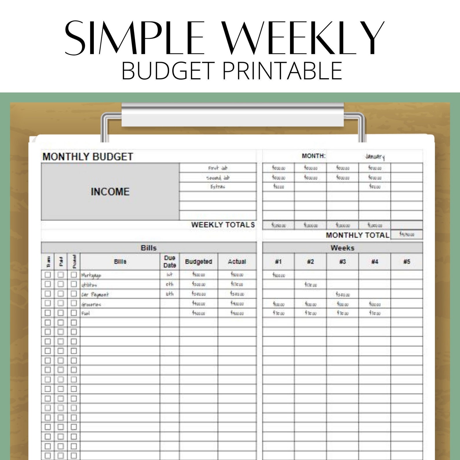Simple Weekly Budget Printable - Etsy
