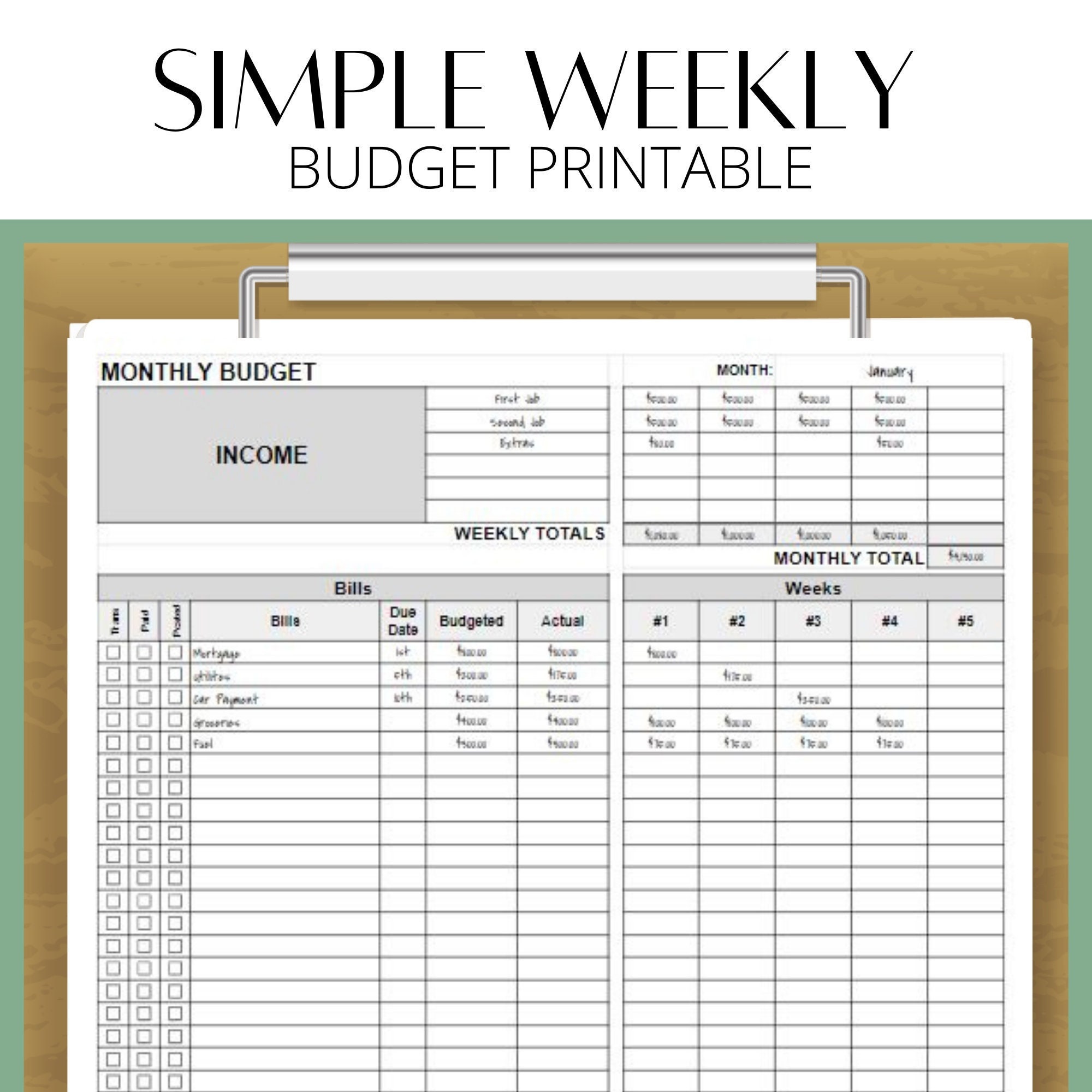 Simple Weekly Budget Printable - Etsy