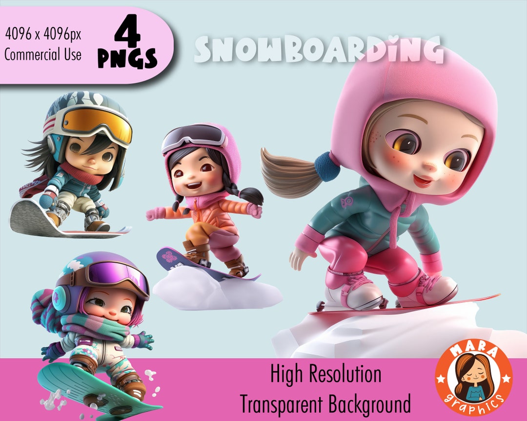 Snowboarding Cute Girl Clipart Set of 4 Pngs, Downloadable Files, High ...