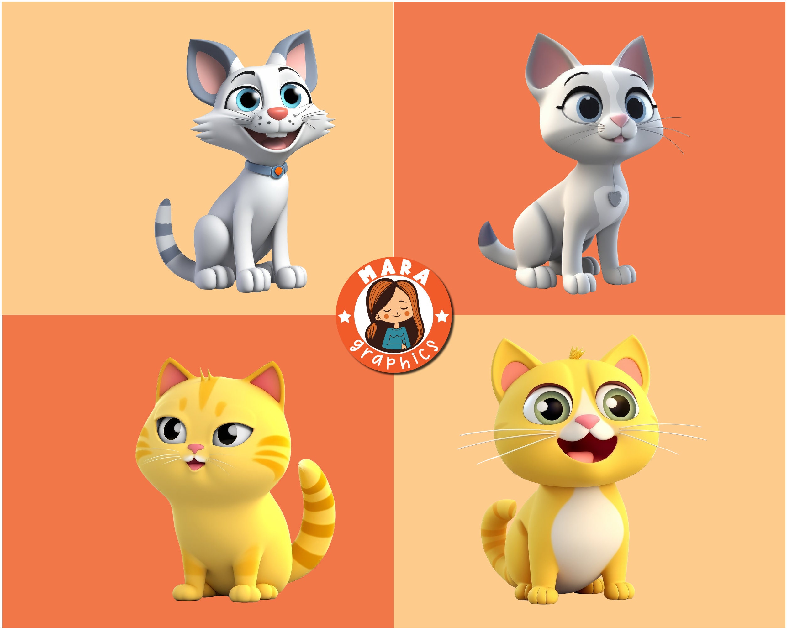 Cute 3D CATS Characters Clipart Set - High Resolution Pngs (4 Different ...