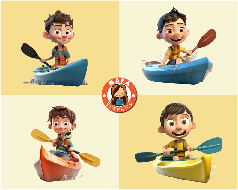 Cute 3D Kayaking Boy Clipart Set - High Resolution Pngs (4 Different ...